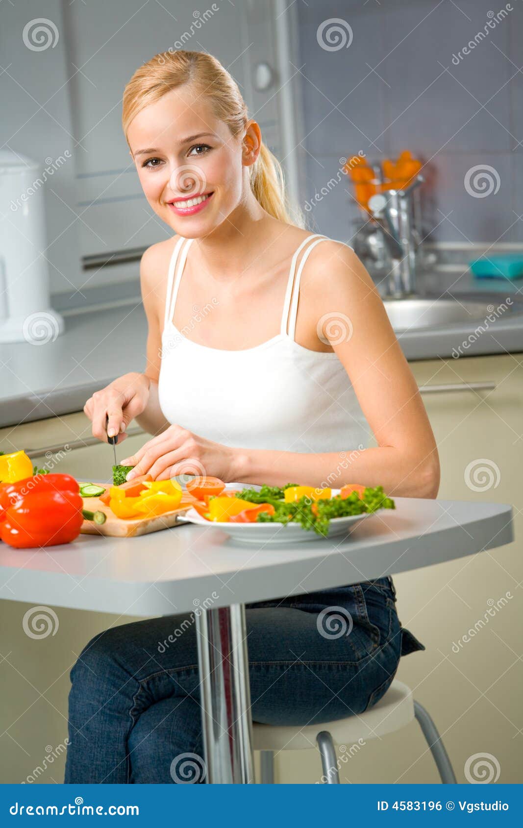 Woman Making Salad at Kitchen Stock Photo - Image of alone, lifestyle ...