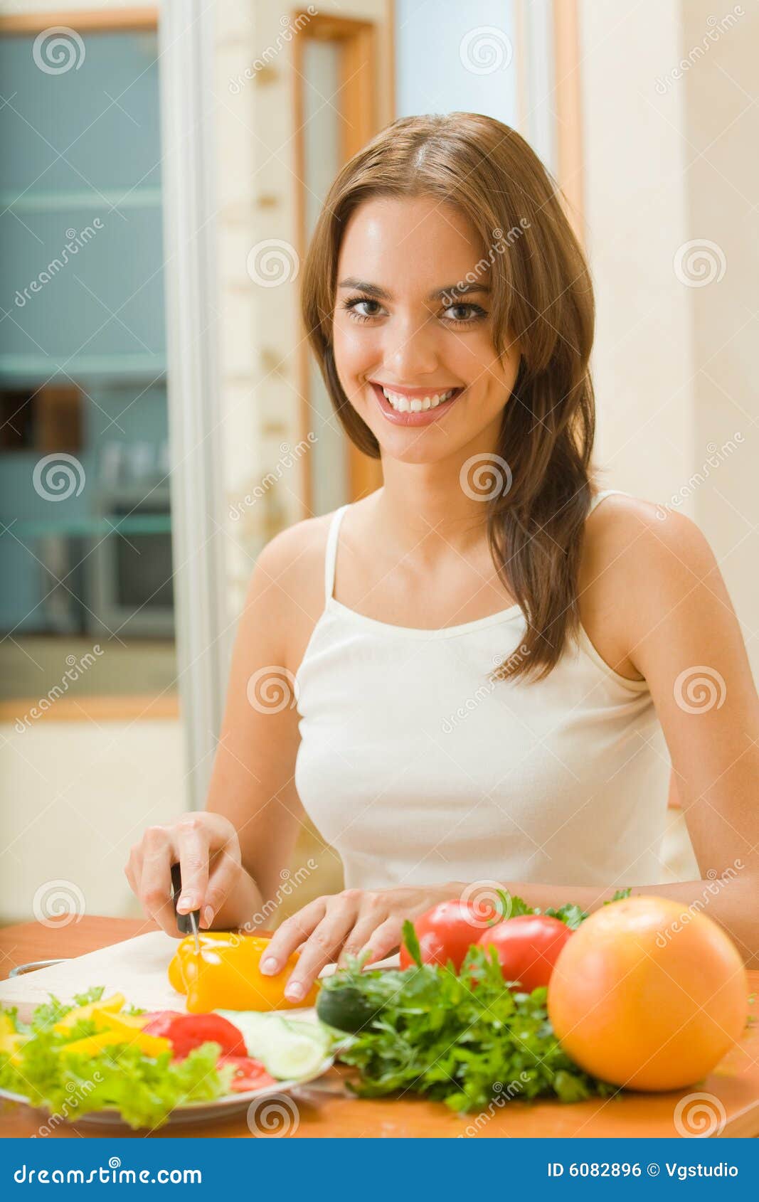 Woman Making Salad at Kitchen Stock Photo - Image of healthy, beautiful ...