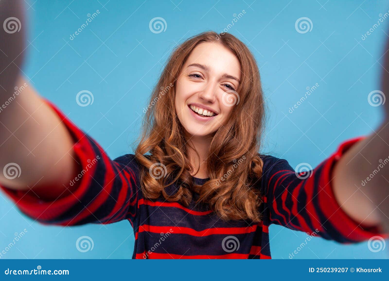 Woman Making Selfie Pov Having Positive Expression Being In Good Mood Point Of View Stock