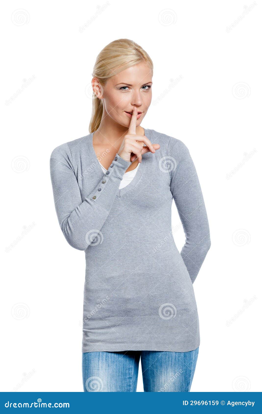 Woman Making Silence Gesture Stock Image - Image of cheerful, jersey ...