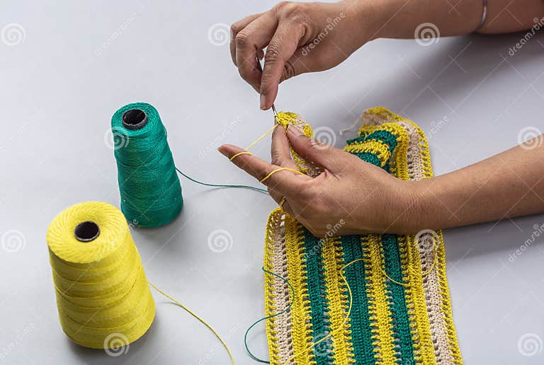 Woman Crocheting Pattern with Crochet Hook Close-up Stock Image - Image ...