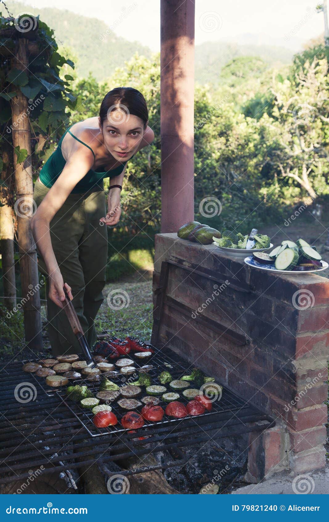Woman Making Veggie Barbecue Outdoors Stock Photo - Image of making ...