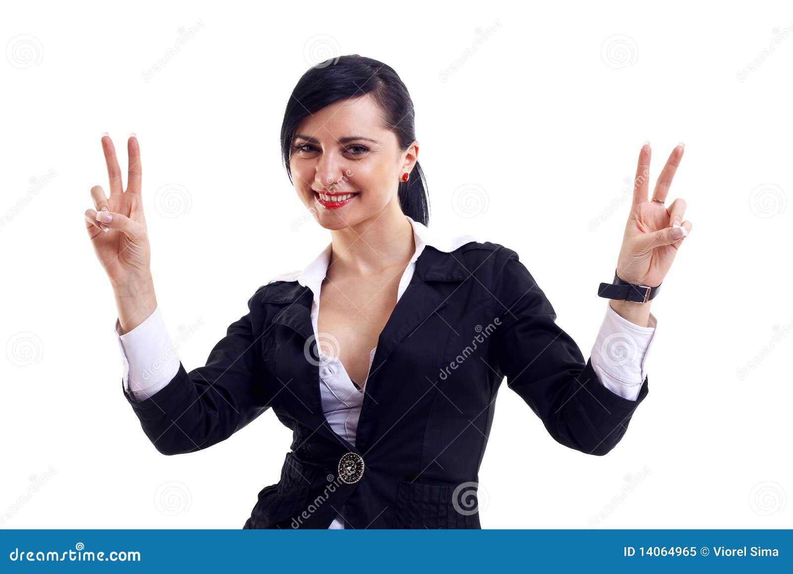 Woman Making the Victory Sign Stock Image - Image of brunette, joyful ...