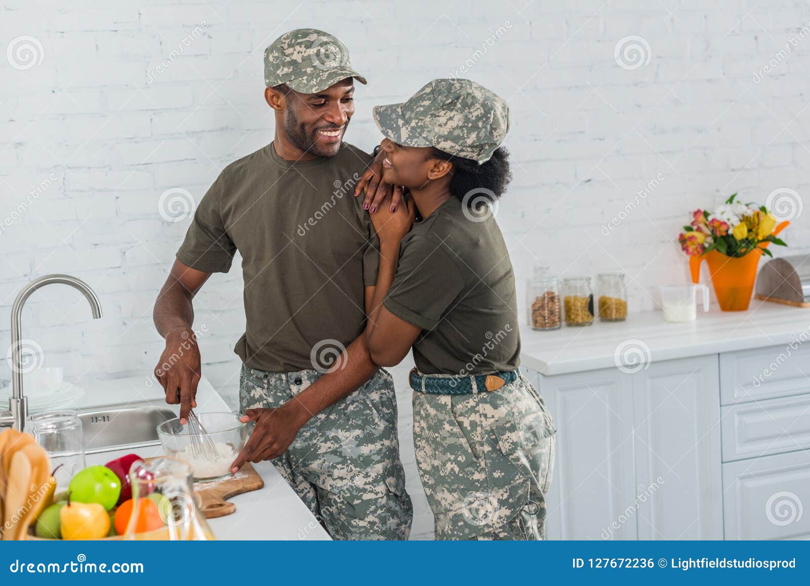 Woman and Man in Army Uniform Hugging Stock Photo - Image of breakfast ...