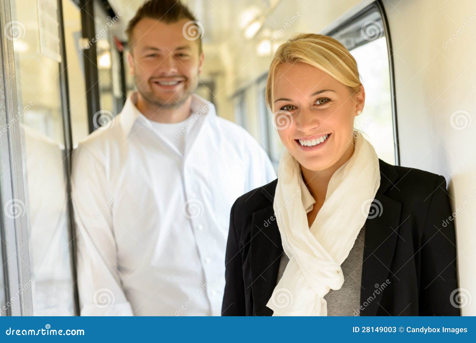 Woman and Man Smiling Standing in Train Stock Image - Image of ...
