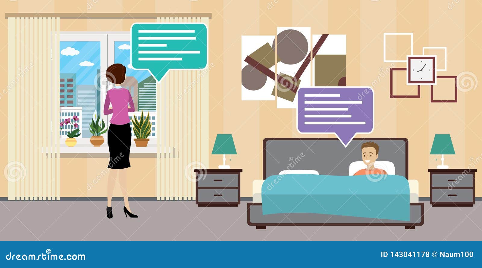 Woman And Man Talking In Hotel Room Or Bedroom Interior Flat De Stock