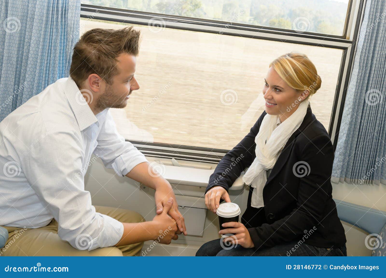 Woman and Man Traveling with Train Talking Stock Photo - Image of ...