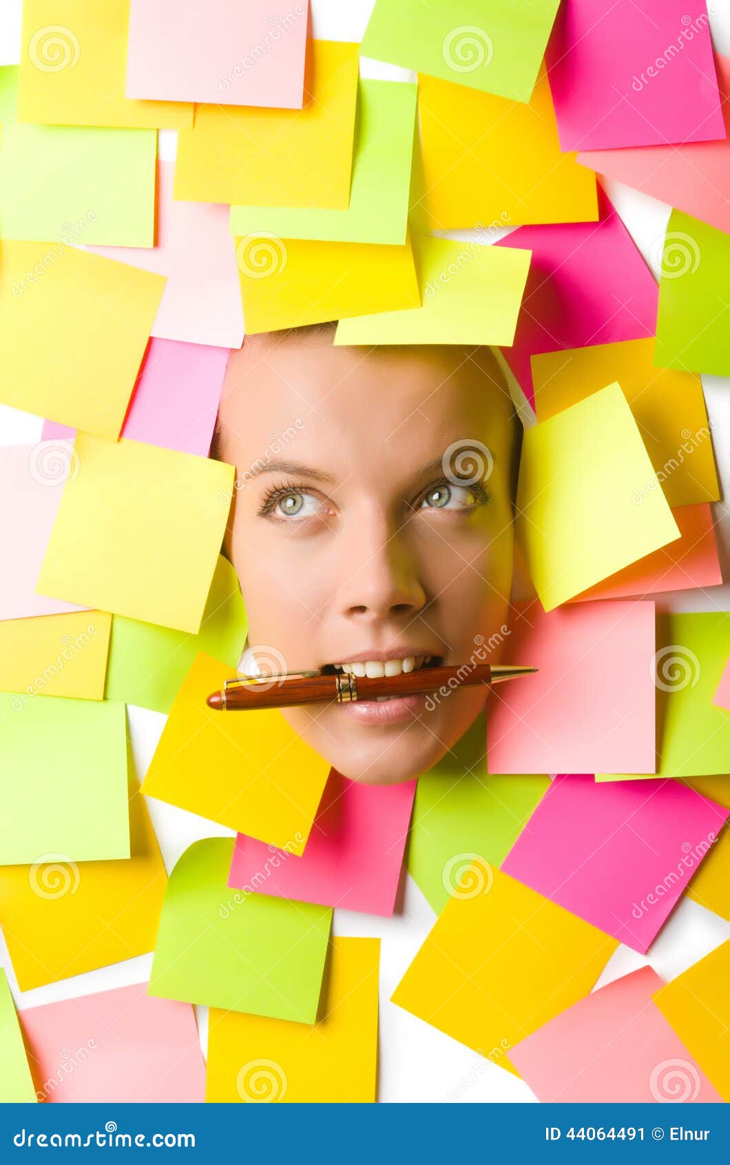 Woman with Many Reminder Notes and Pen Stock Image - Image of blank ...