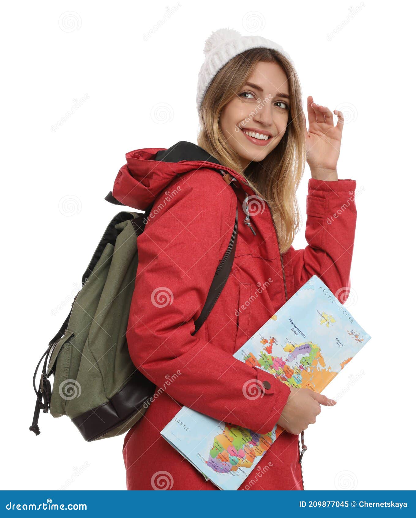 Woman with Map and Backpack on White Background. Winter Travel Stock ...