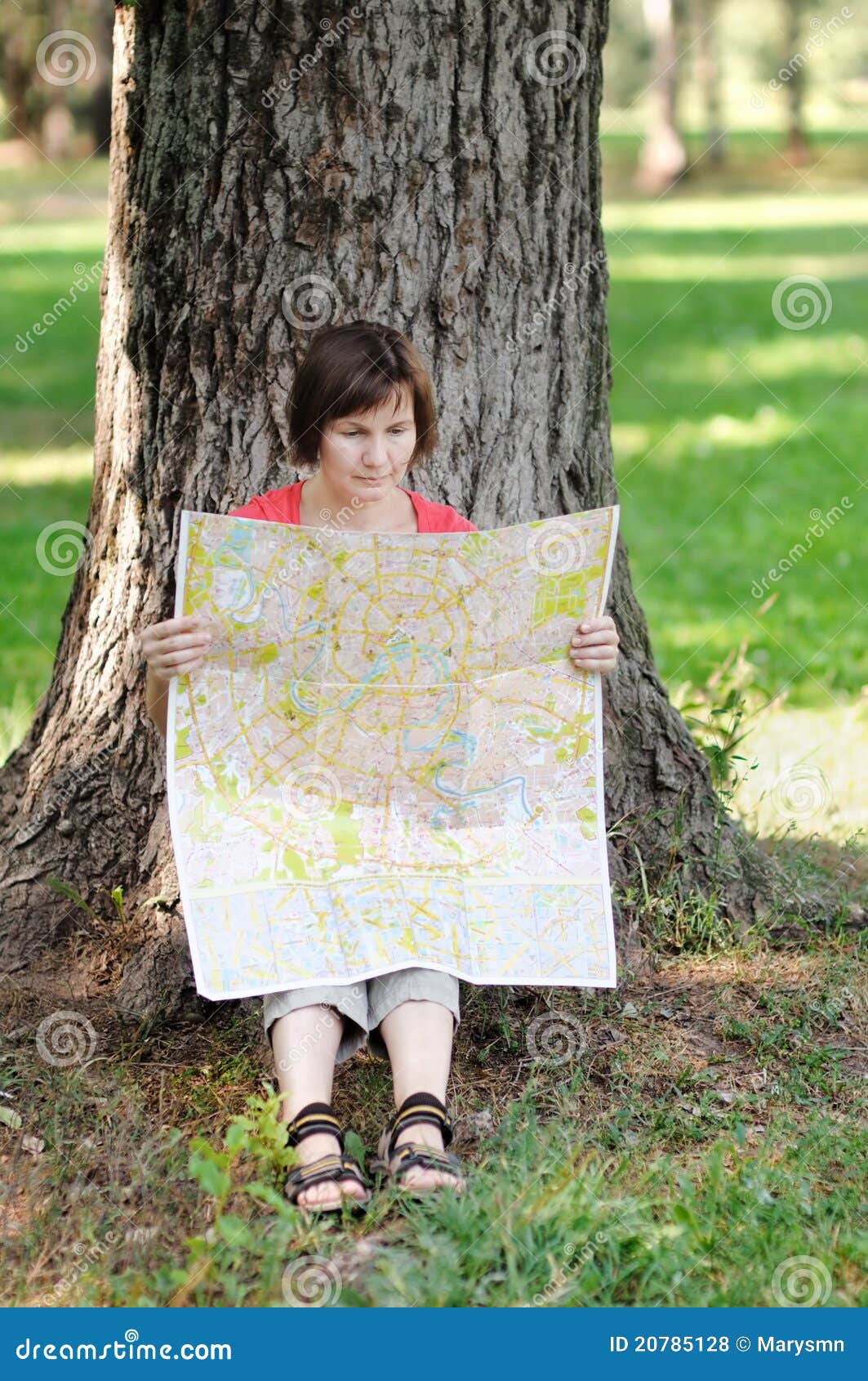 Woman with Map Sitting Under a Tree Stock Photo - Image of ...