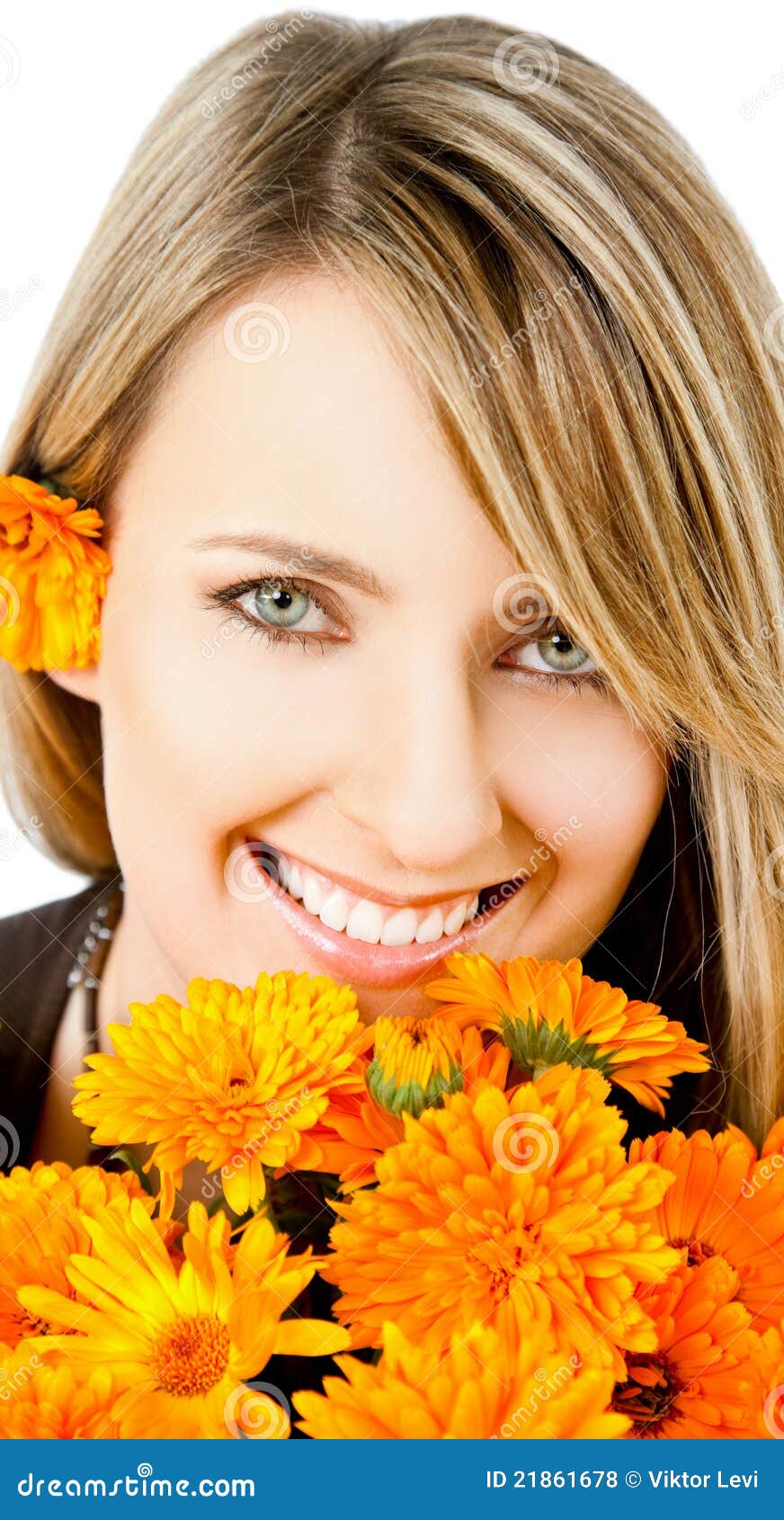 Woman with marigolds stock photo. Image of cheerful, natural - 21861678