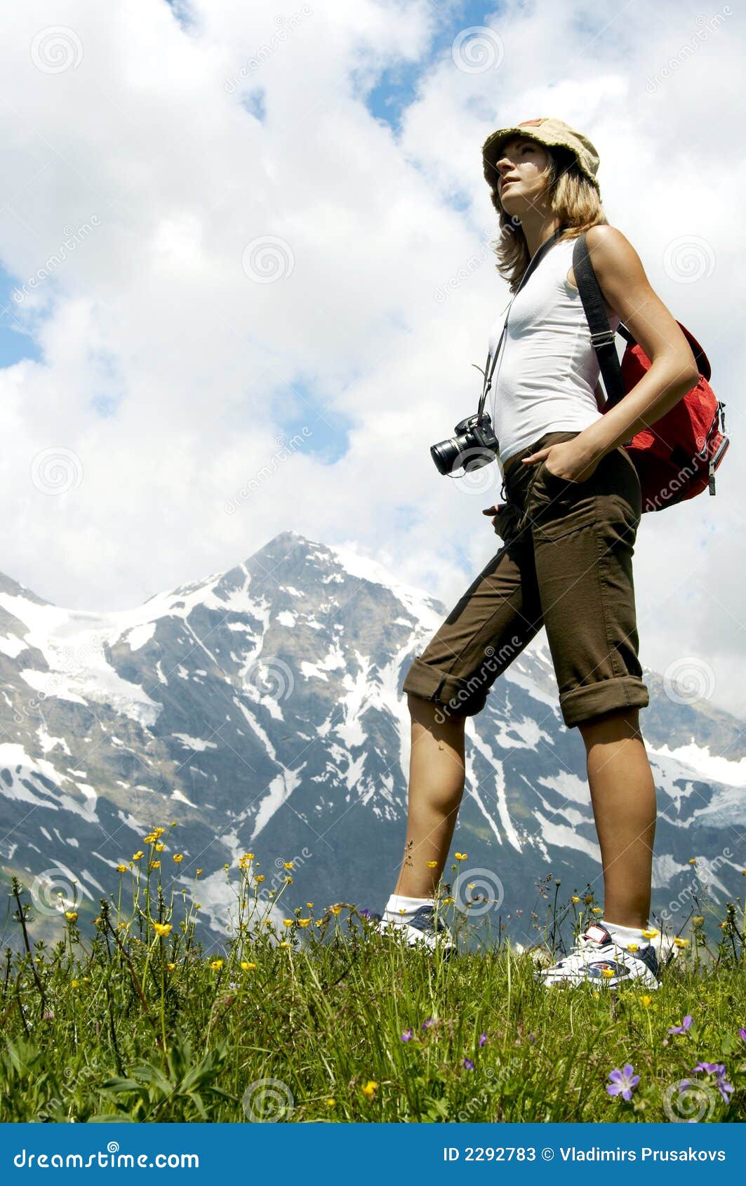 Tourist Woman Hiking Mountains, Girl Backpacker Climbing, Travel ...