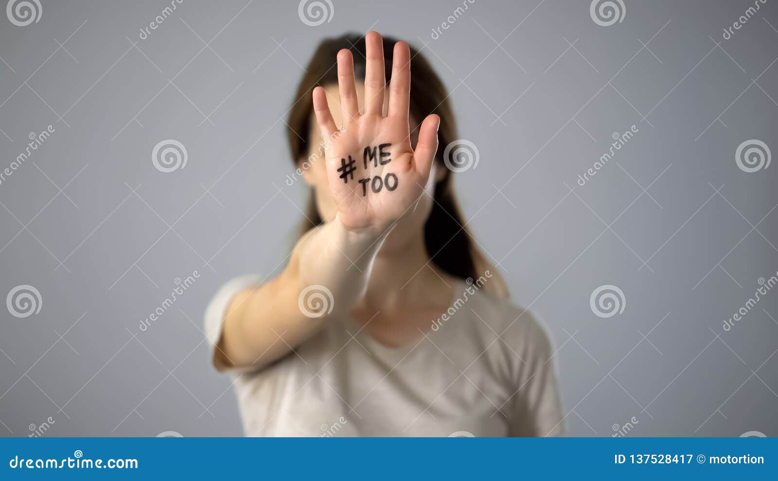 Woman With Me Too Sign On Hand Movement Against Sexual Harassment