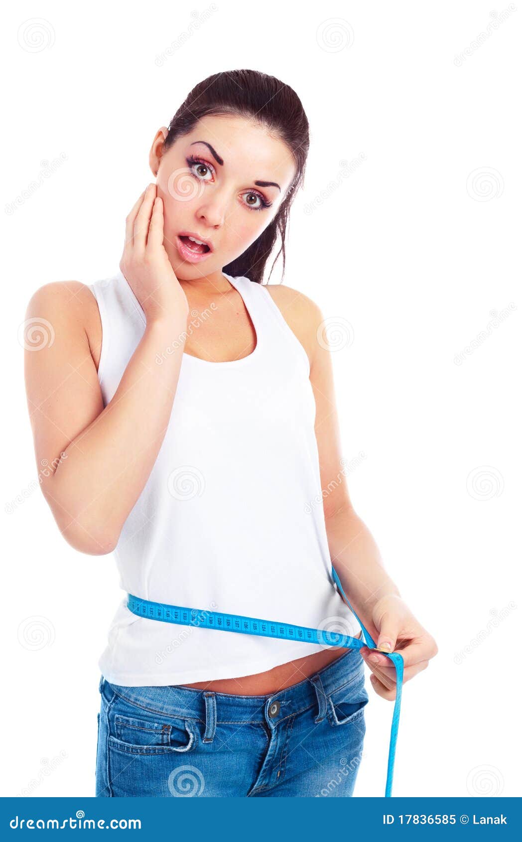 Fat Woman Measuring Her Waist With A Yellow Measuring Tape. Reduction ...