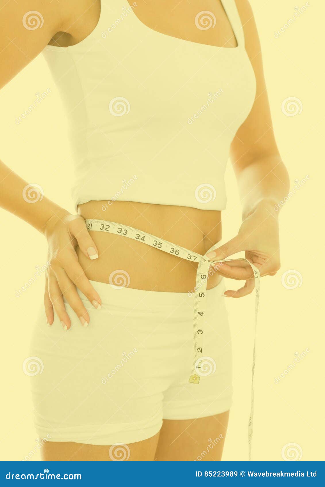 Woman Measuring Waste with Measuring Tape Stock Image - Image of coat ...