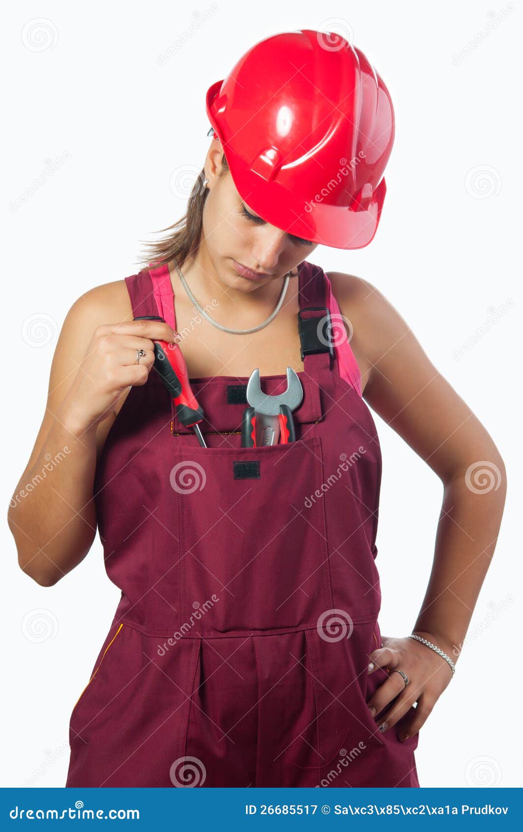 Woman Mechanic with Hard Hat and in Overalls Stock Image - Image of ...