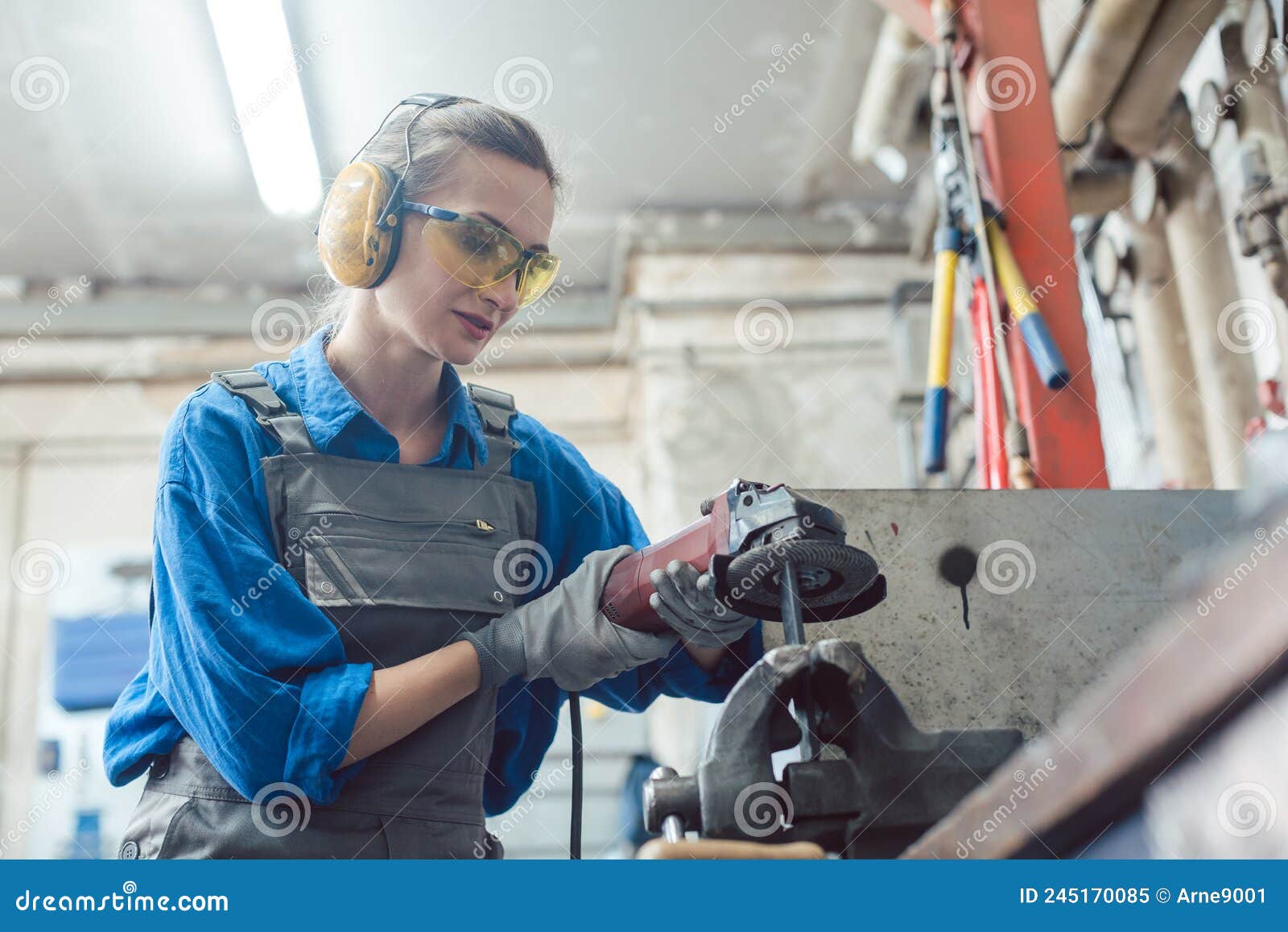 Woman Mechanic Working with Disk Grinder Stock Image - Image of metal ...