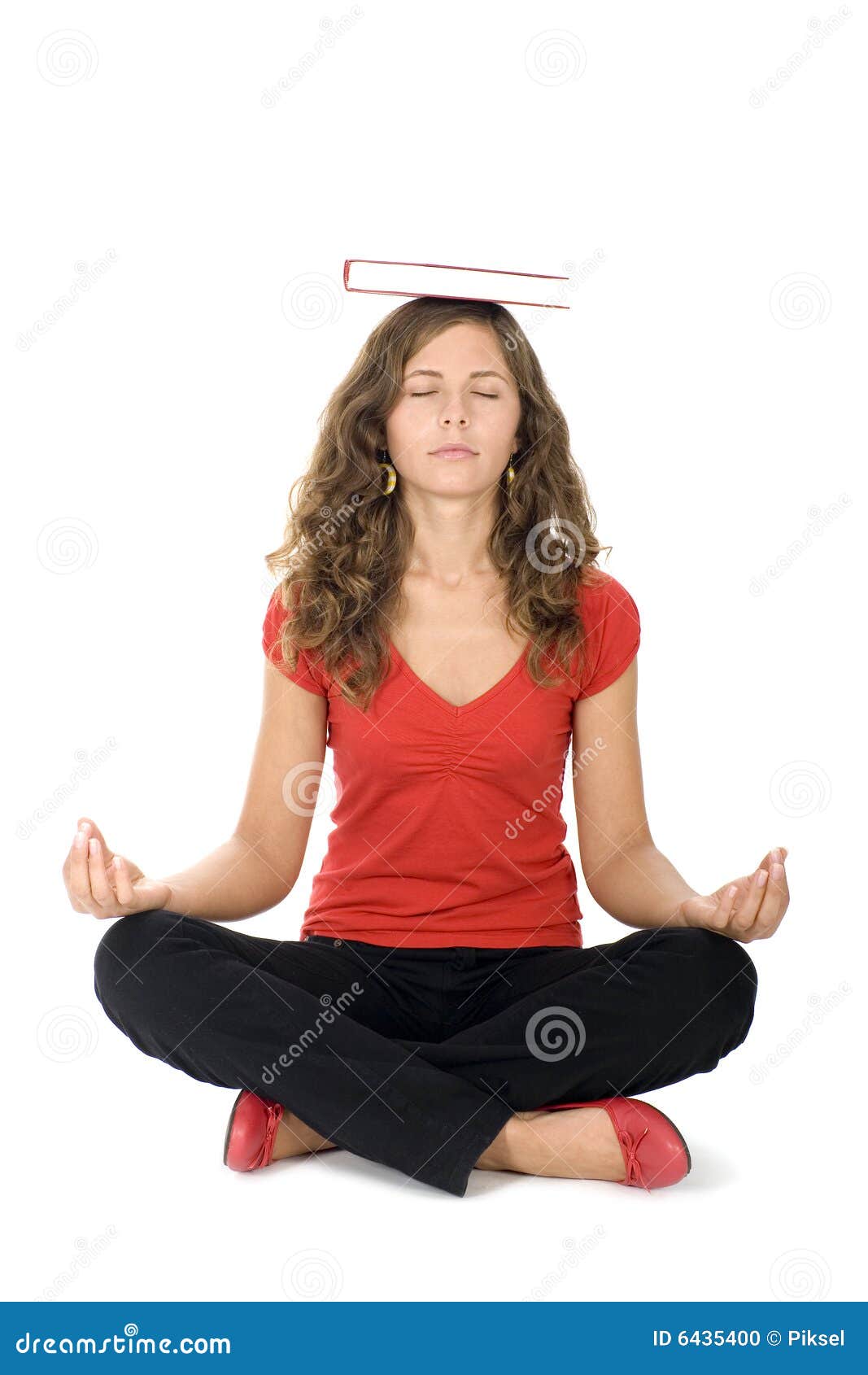 Woman Meditating with Book on Head Stock Photo - Image of shot, studio ...