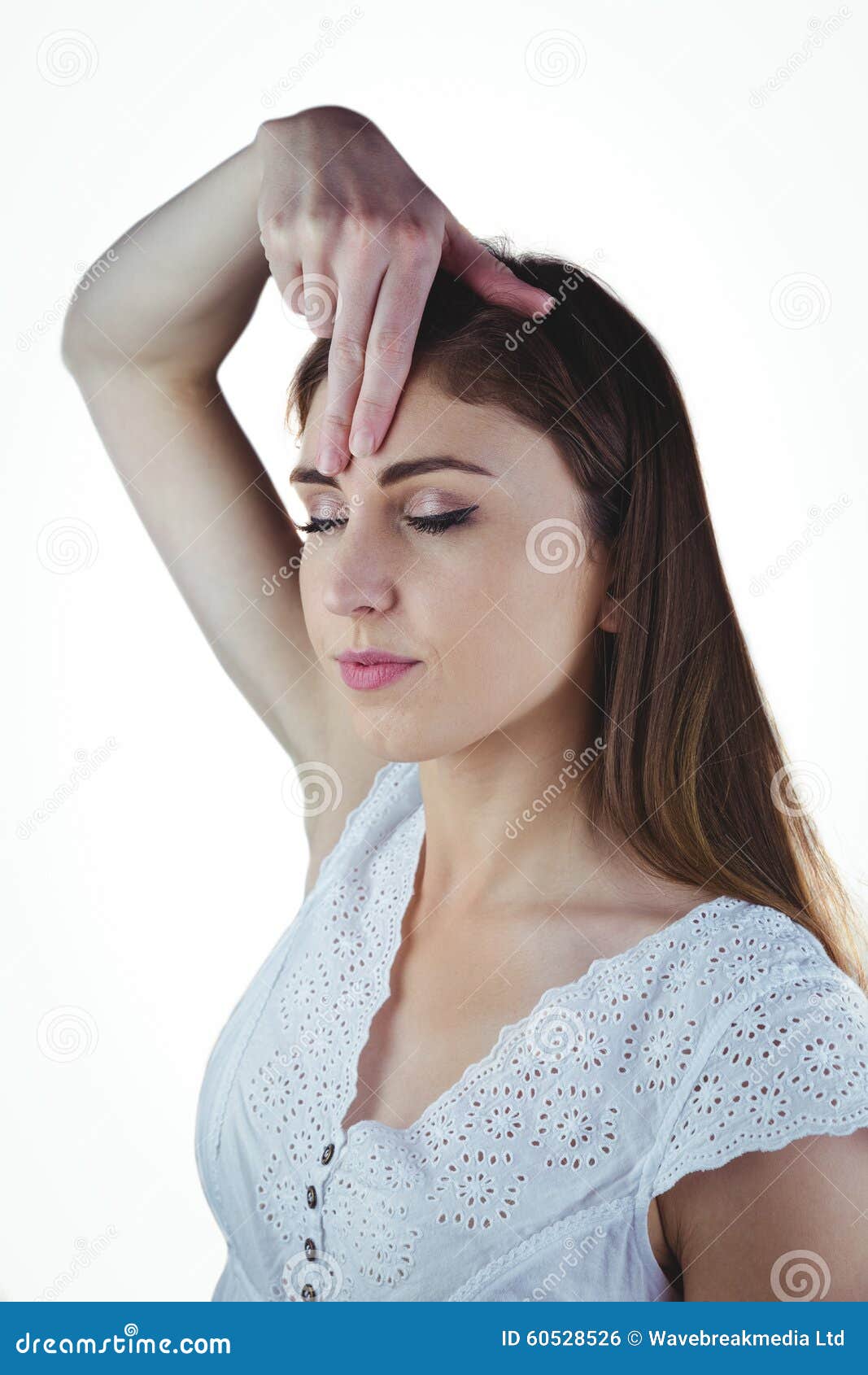 Woman Meditating with Hand on Forehead Stock Photo - Image of shot ...
