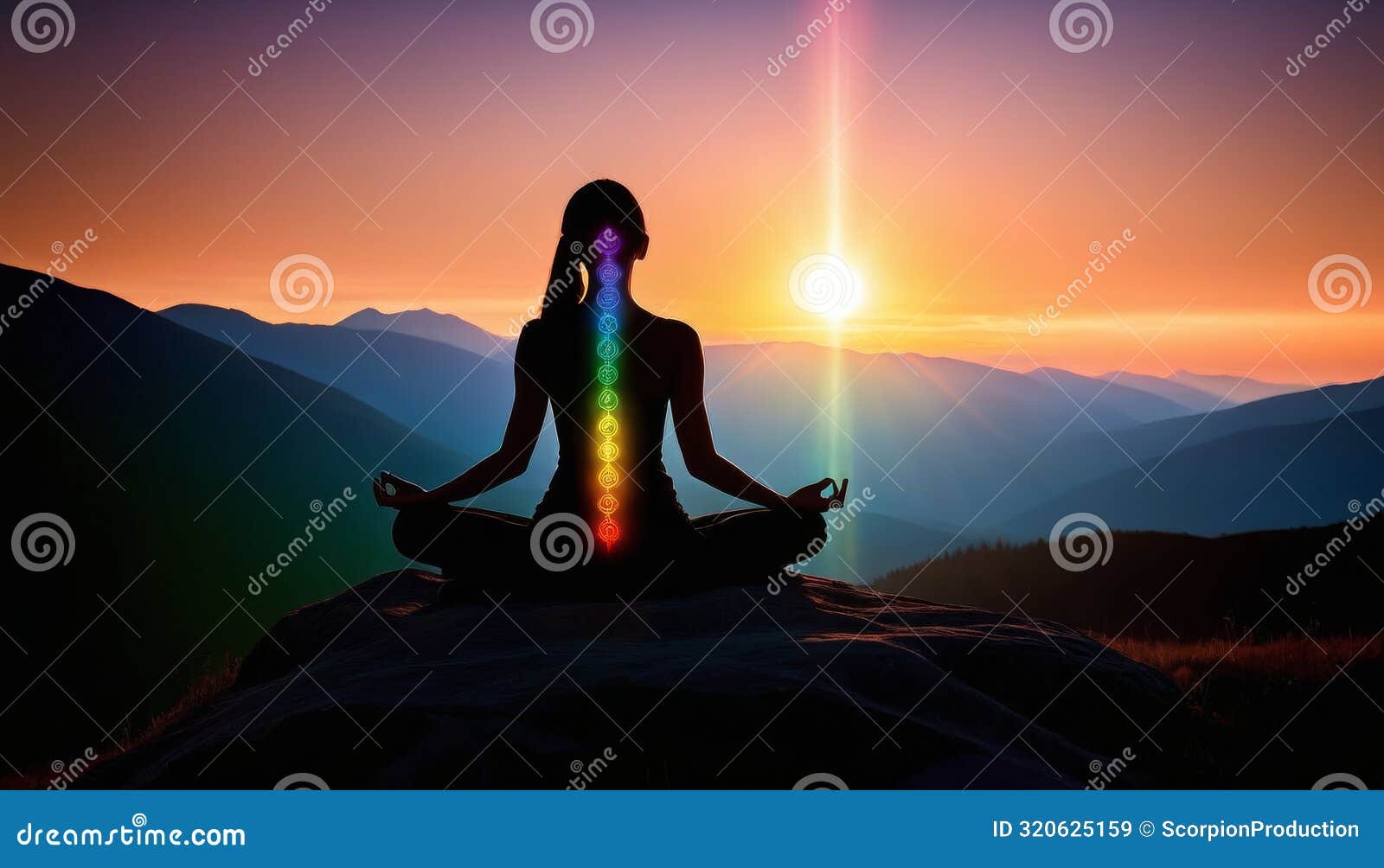Woman Meditating at Sunset with Chakra Alignment Visualization Stock ...