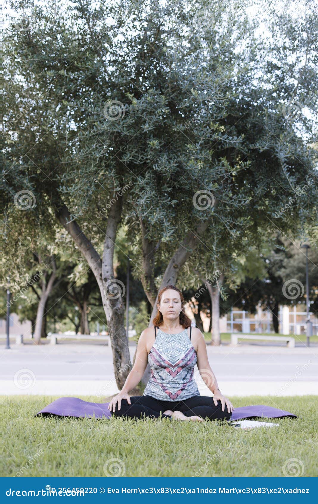 Woman in Meditation Pose Under a Park Tree Stock Photo - Image of ...