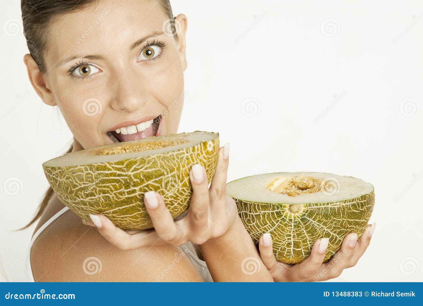 Woman with melon stock image. Image of eating, fruit - 13488383