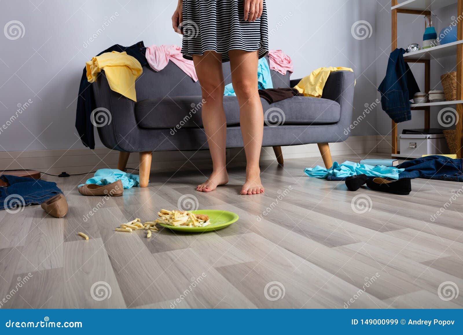 Woman in Messy Room stock image. Image of indoors, alone - 149000999