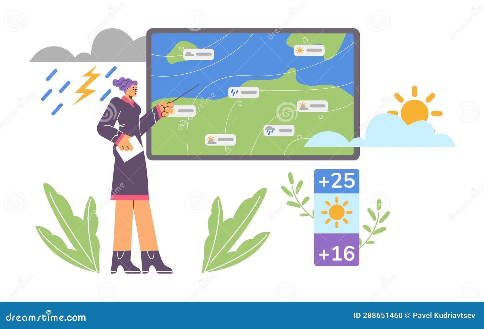 Woman Meteorologist Pointing on Screen Map, Report on Weather Forecast ...