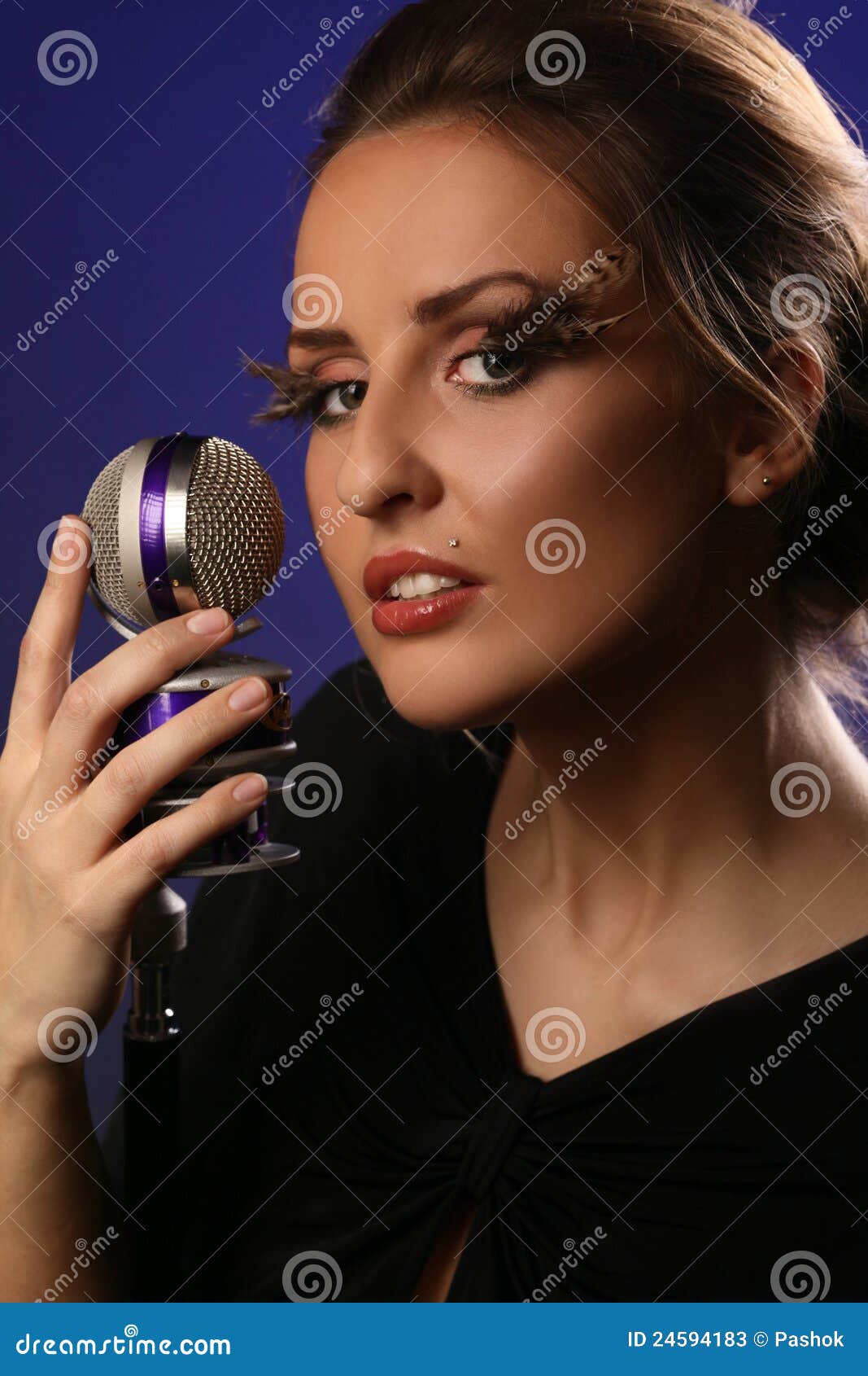 Woman with mic stock image. Image of mascara, happiness - 24594183