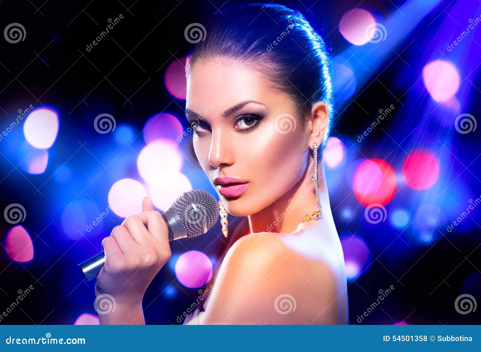 Woman with Microphone Over Blinking Background Stock Photo - Image of ...