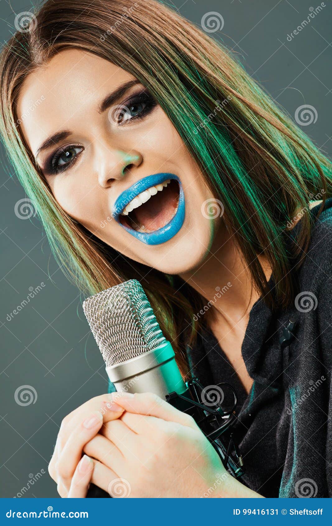 Woman Microphone Singing. Beauty Model Soun Studio Stock Image - Image ...