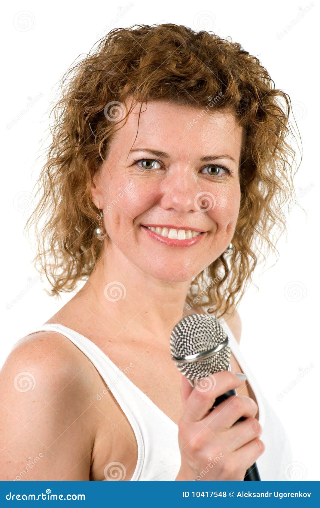 Woman with Microphone on White Stock Photo - Image of sound, sparkle ...