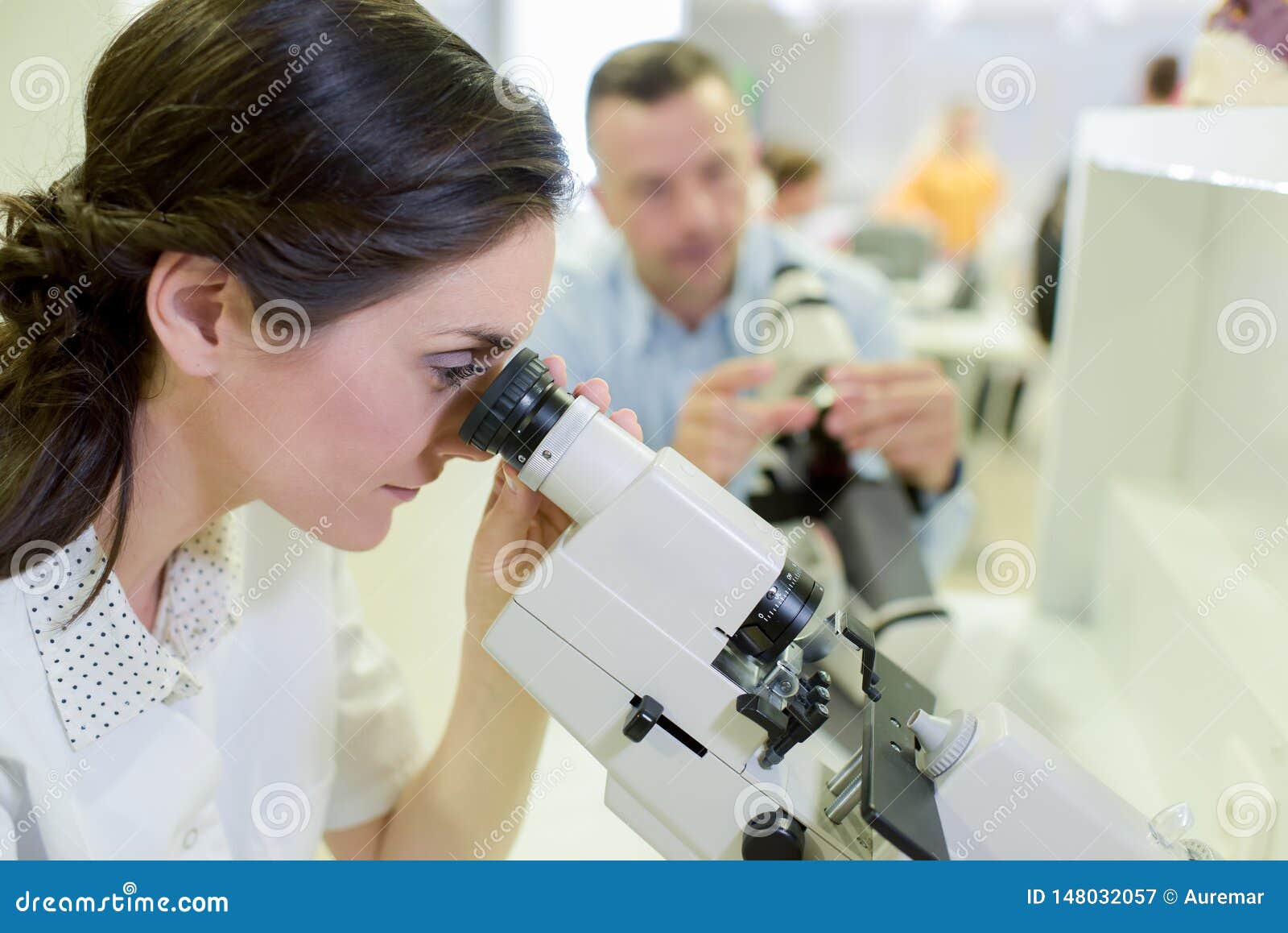 Woman with Microscope in Microelectronics Laboratory Stock Image ...