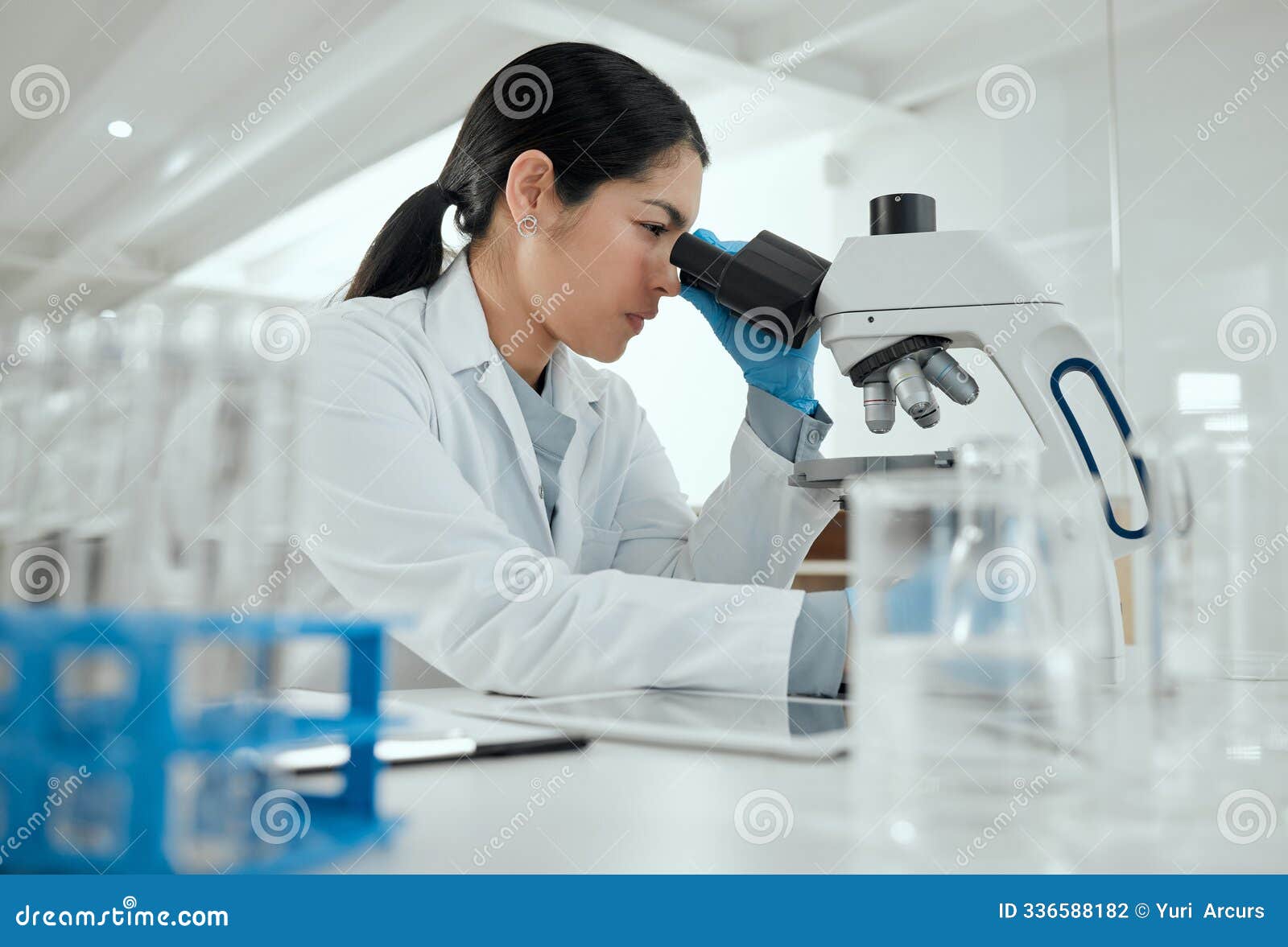 Woman, Microscope and Research in Lab for Science, Observation and ...
