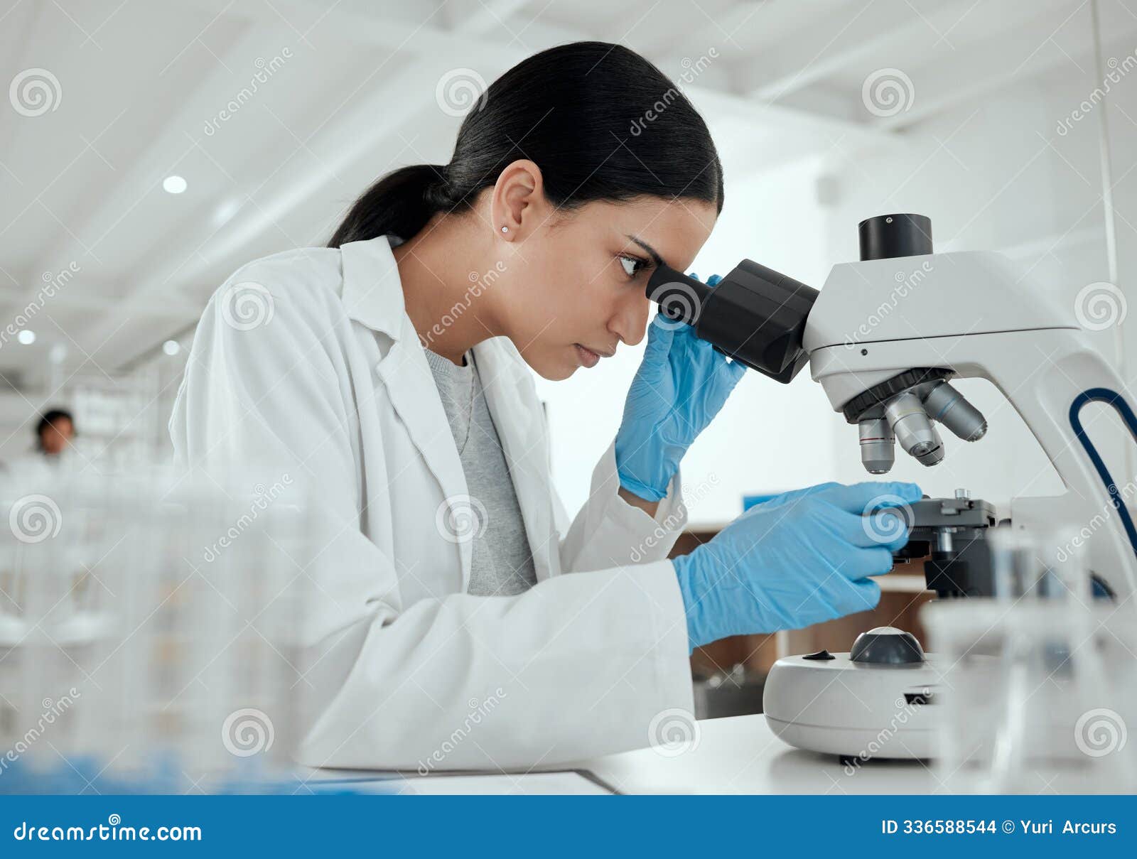 Woman, Microscope and Science in Lab for Chemistry, Observation and ...
