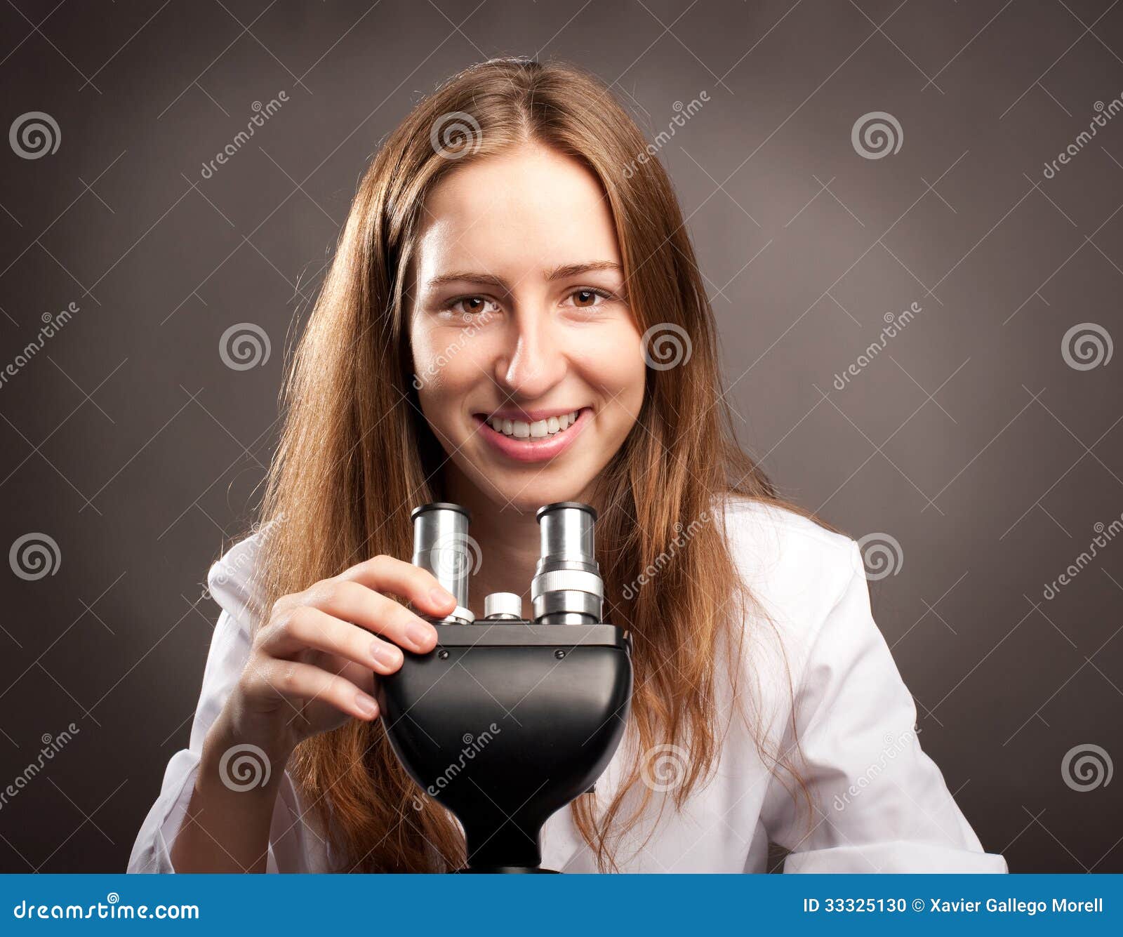 Woman with microscope stock photo. Image of scientific - 33325130