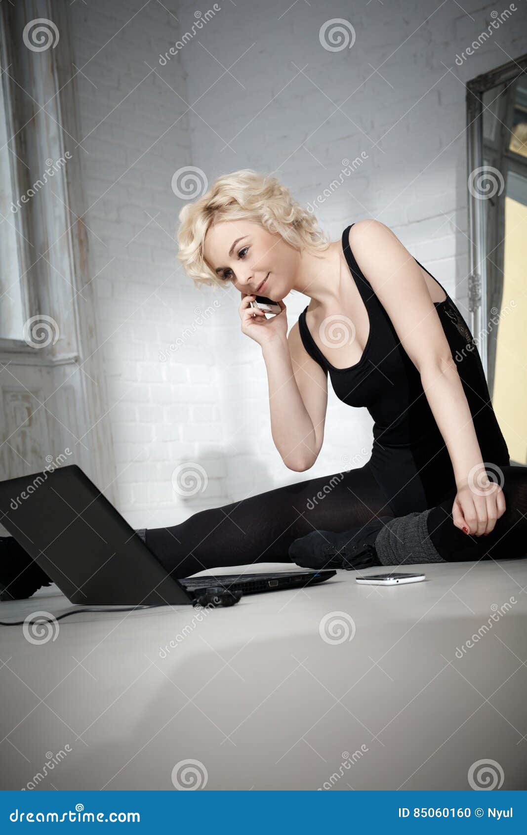 Woman on mobile stock photo. Image of people, computer - 85060160