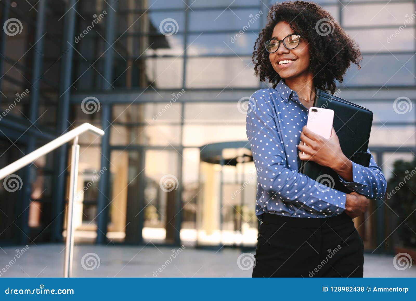 Happy Business Woman Standing Outside a Office Building Stock Photo ... Happy Business Woman Standing Outside a Office Building Stock Photo ...