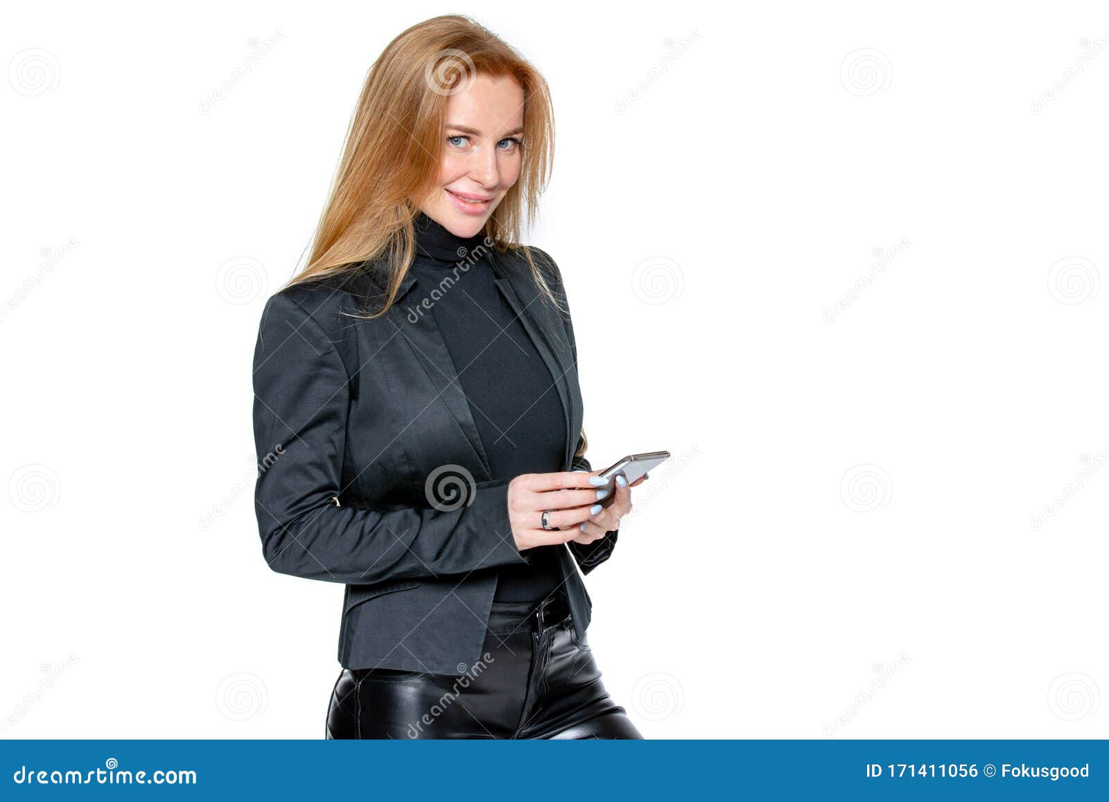 Woman with Mobile Phone on Isolated White Studio Background Stock Photo ...