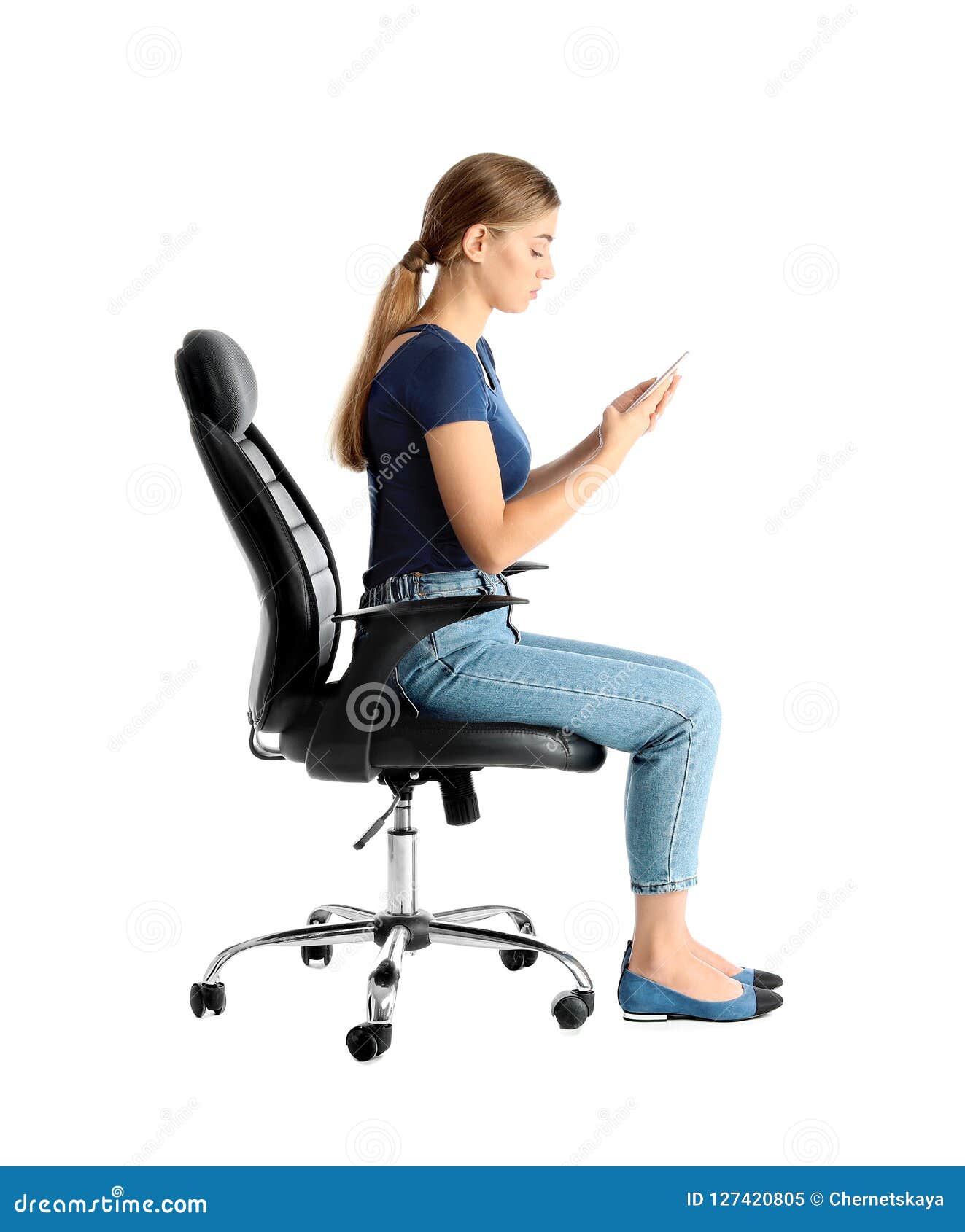 Woman With Mobile Phone Sitting In Office Chair Stock Image Image Of