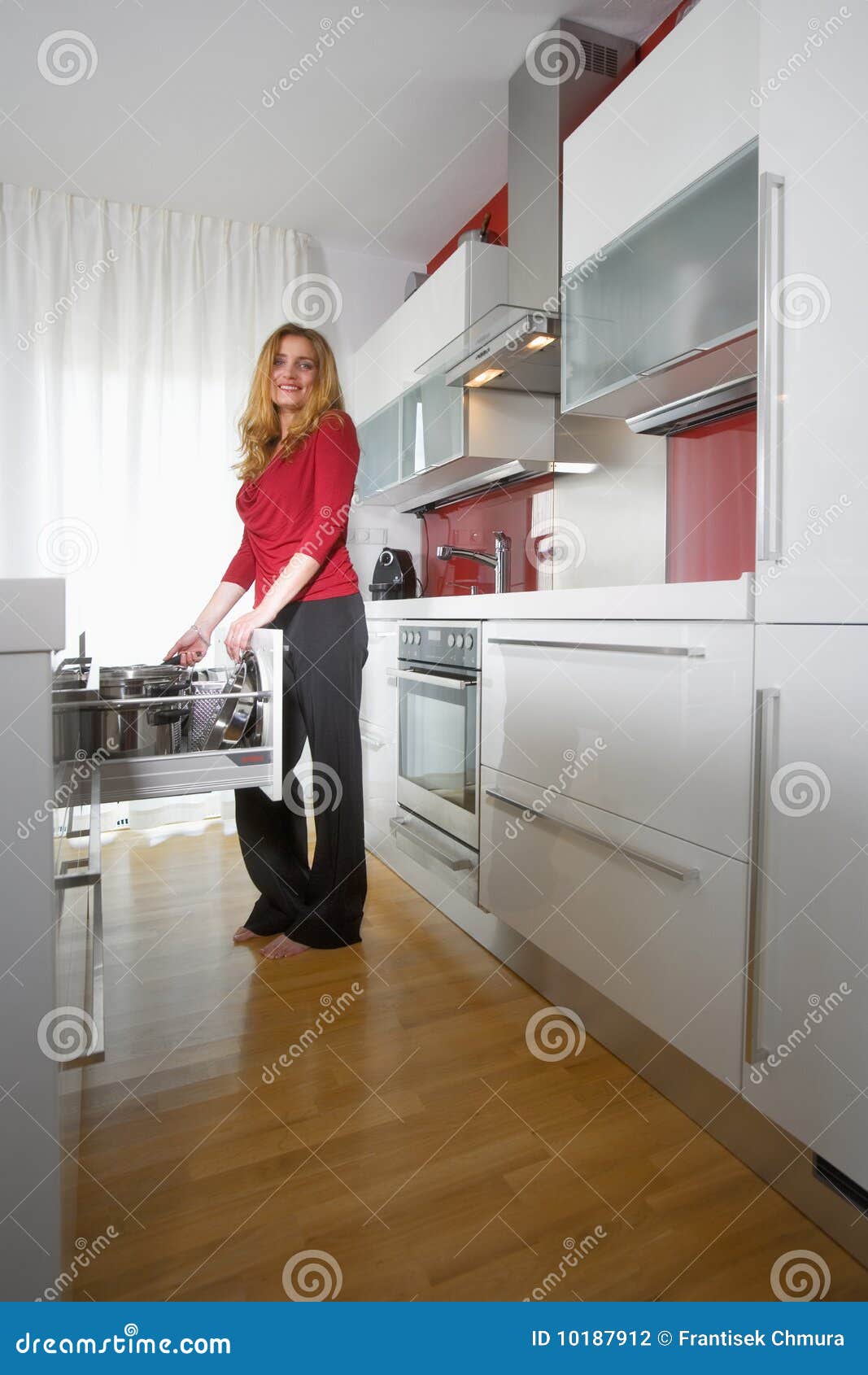 Woman in modern kitchen stock photo. Image of oven, pretty - 10187912