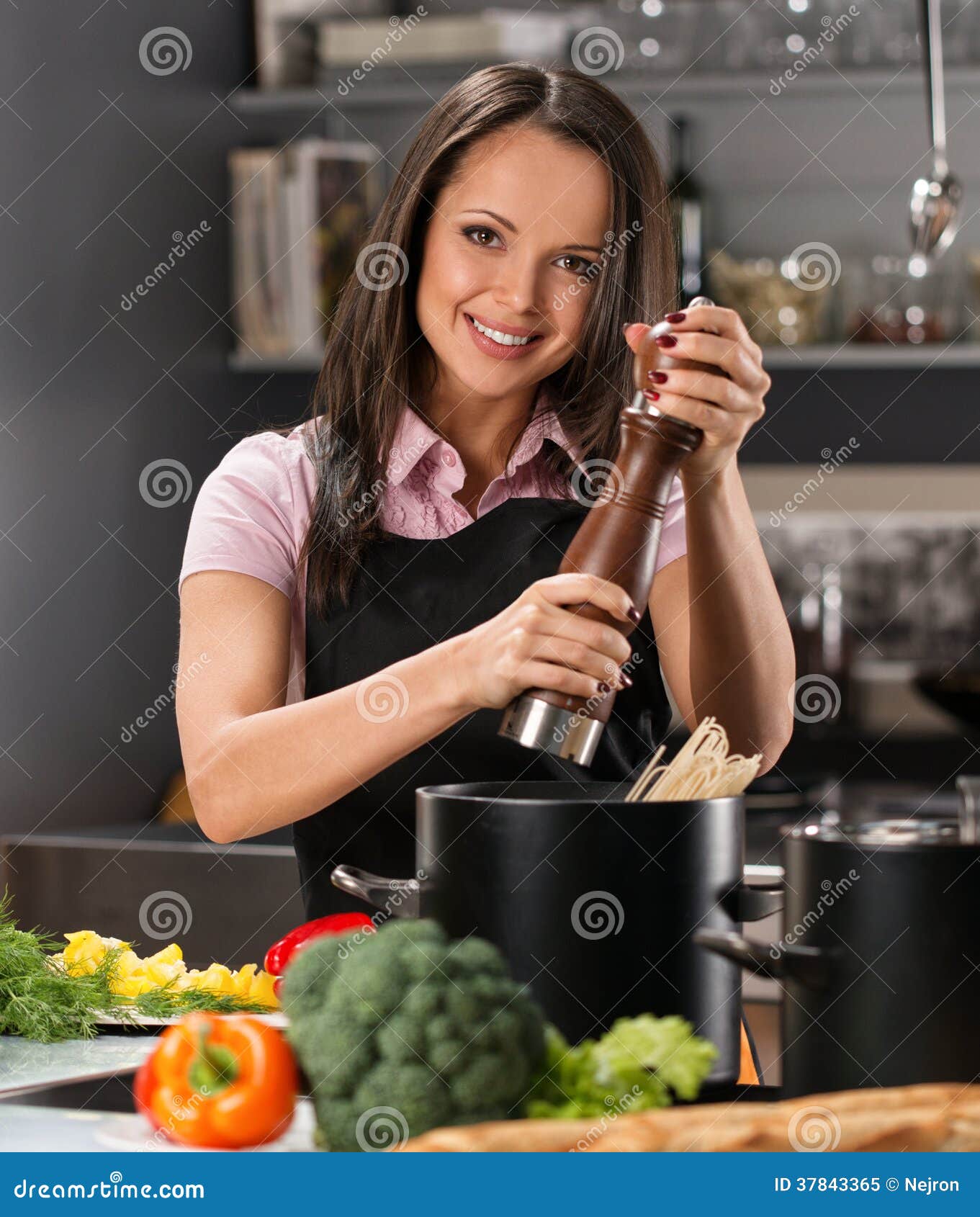Woman on a modern kitchen stock image. Image of enjoy - 37843365