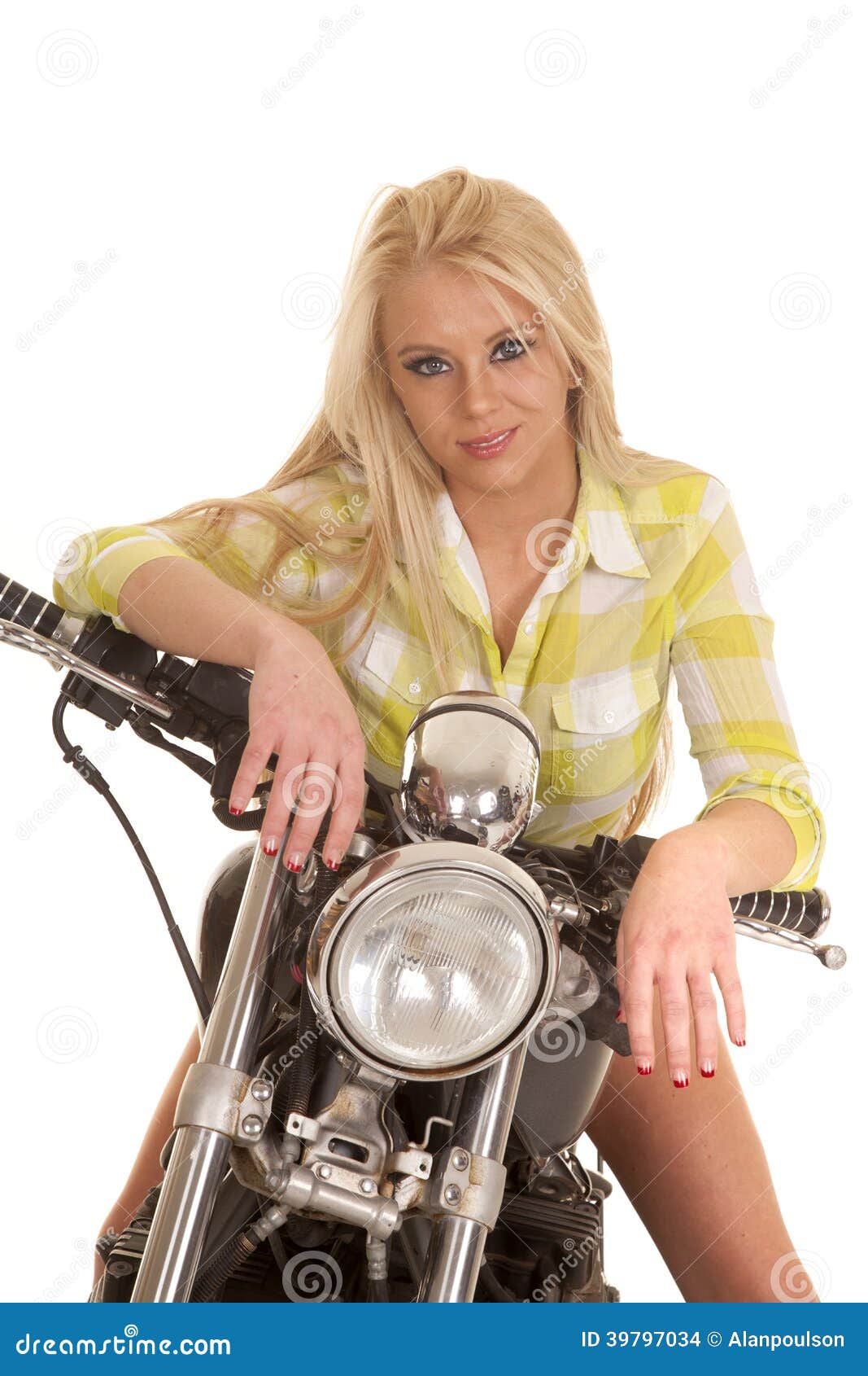 Woman Motorcycle Green Plaid Lean Forward Stock Photo - Image of ...