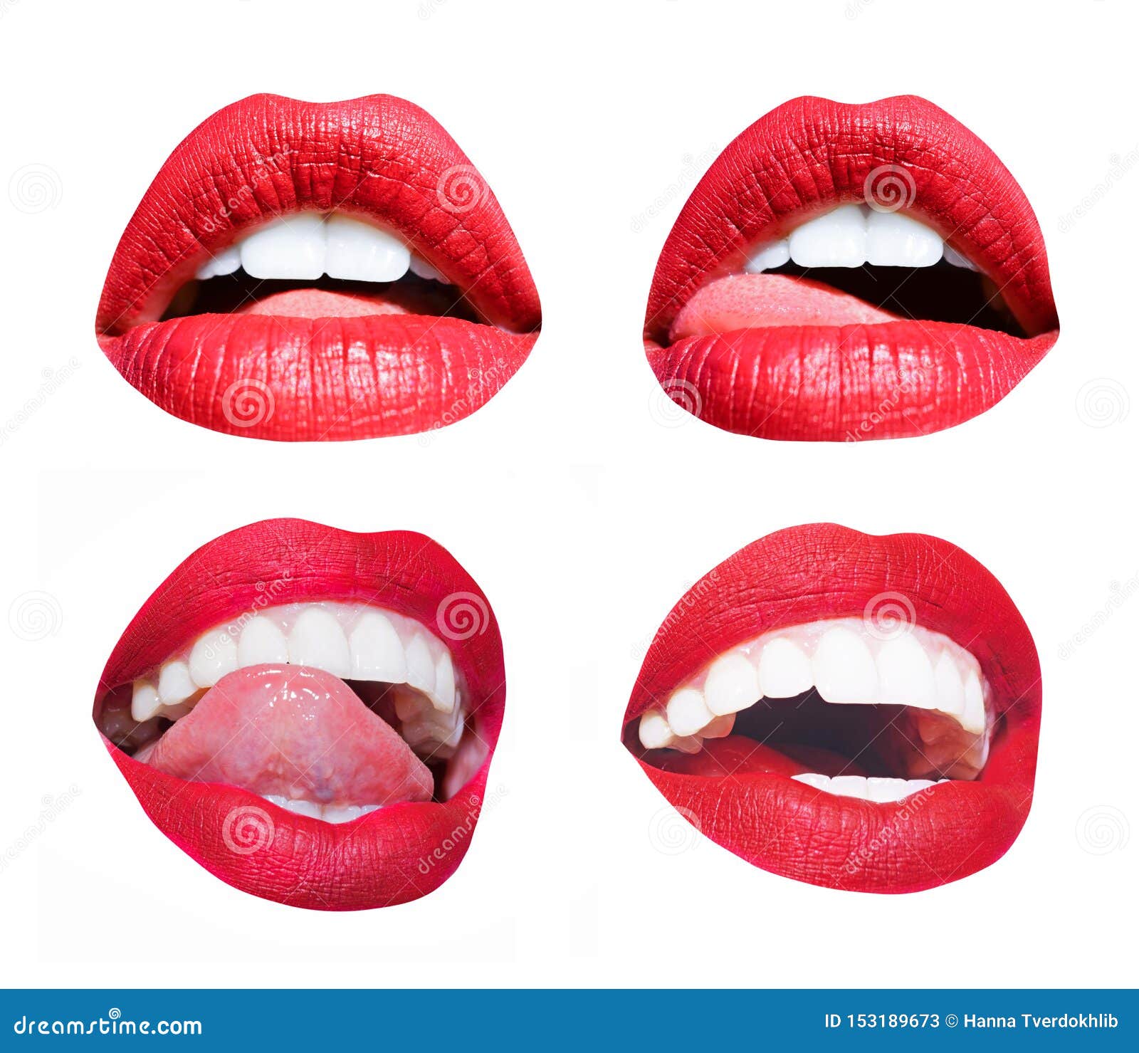 Woman Mouth Different Lips Set Emotions Tongue And Licking White