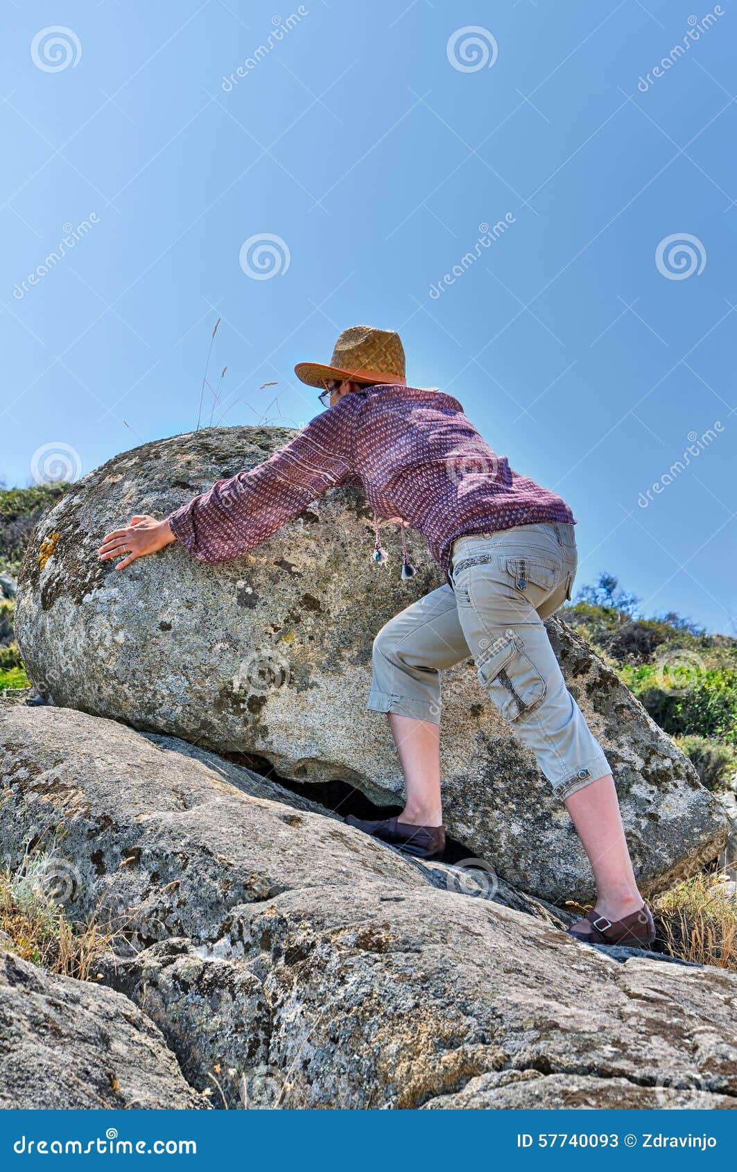 Woman Moving the Rock on the Hill Stock Image - Image of girl, hill ...
