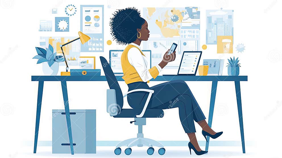 Woman Multitasking at a Modern Workplace with Technology and Digital ...