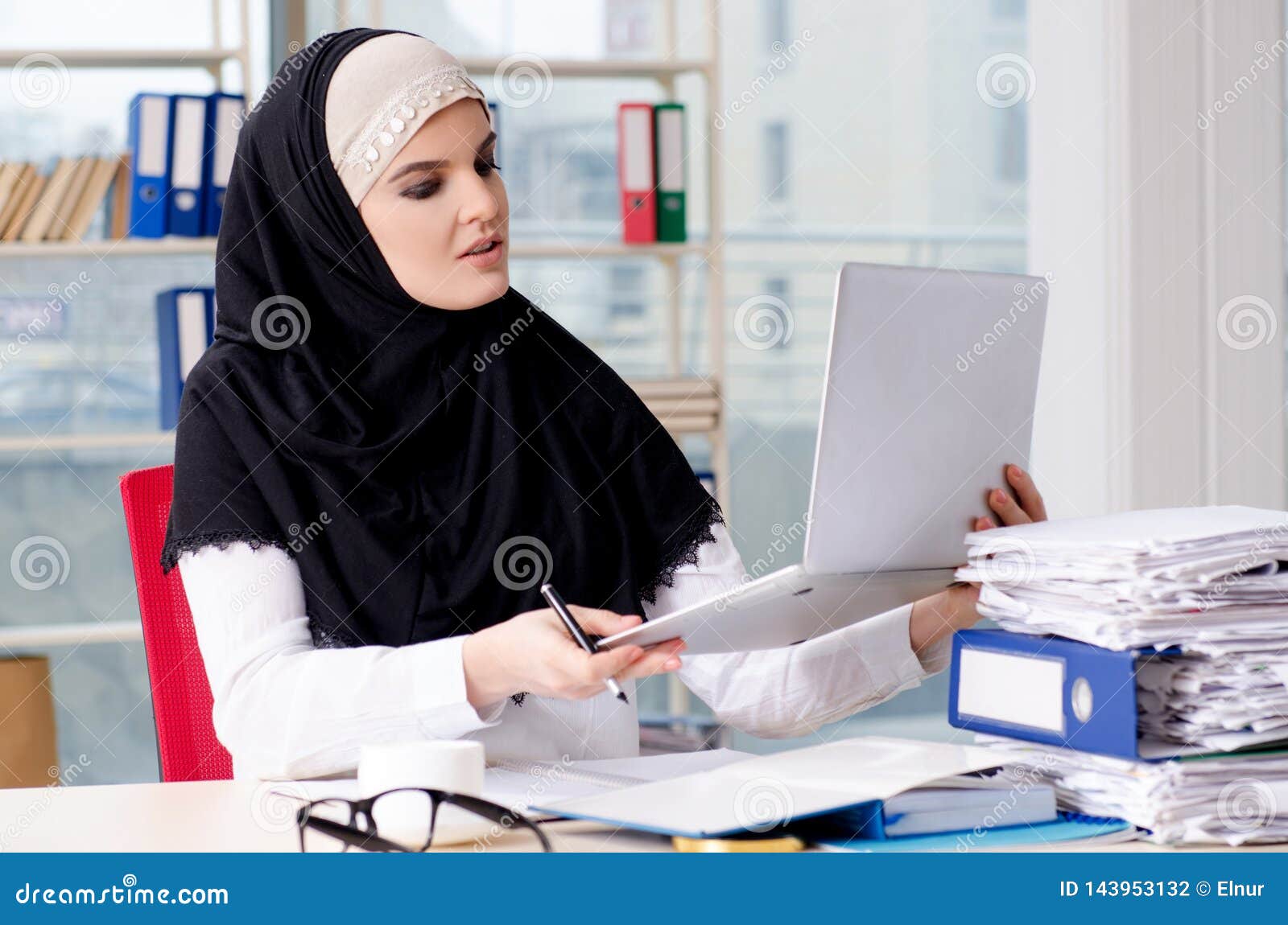 The Woman Muslim Employee Working in the Office Stock Photo - Image of ...