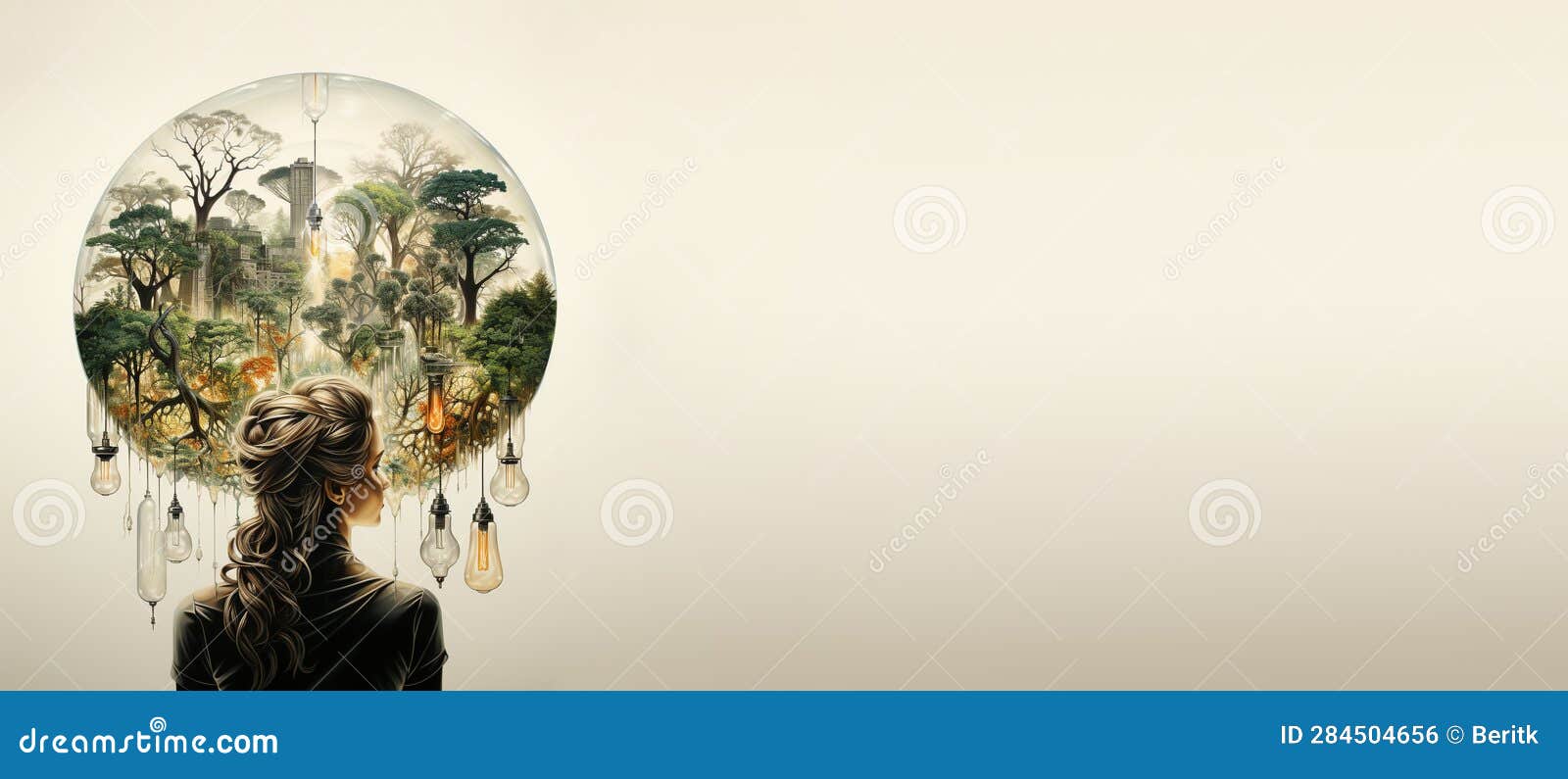 Woman with Nature and Light Bulb Mind, Explosion of Ideas ...