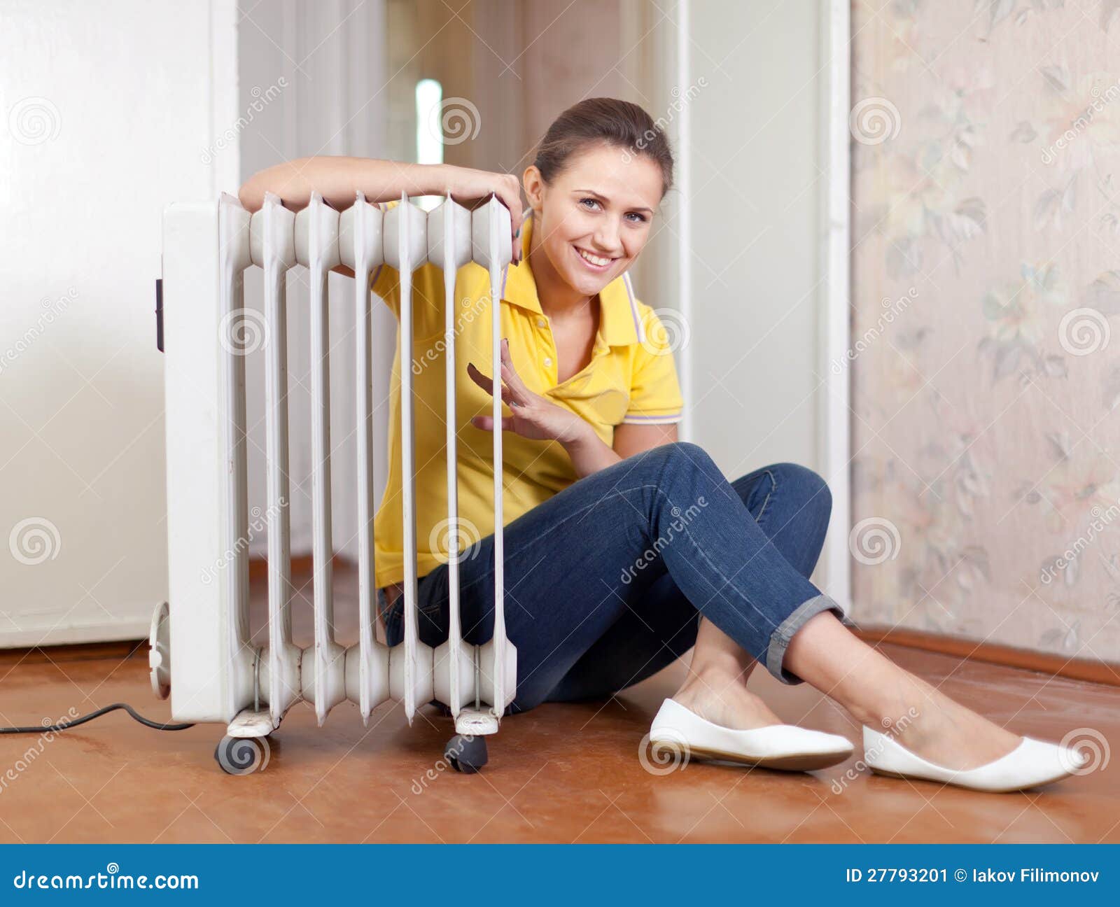 Woman near warm radiator stock image. Image of warming - 27793201