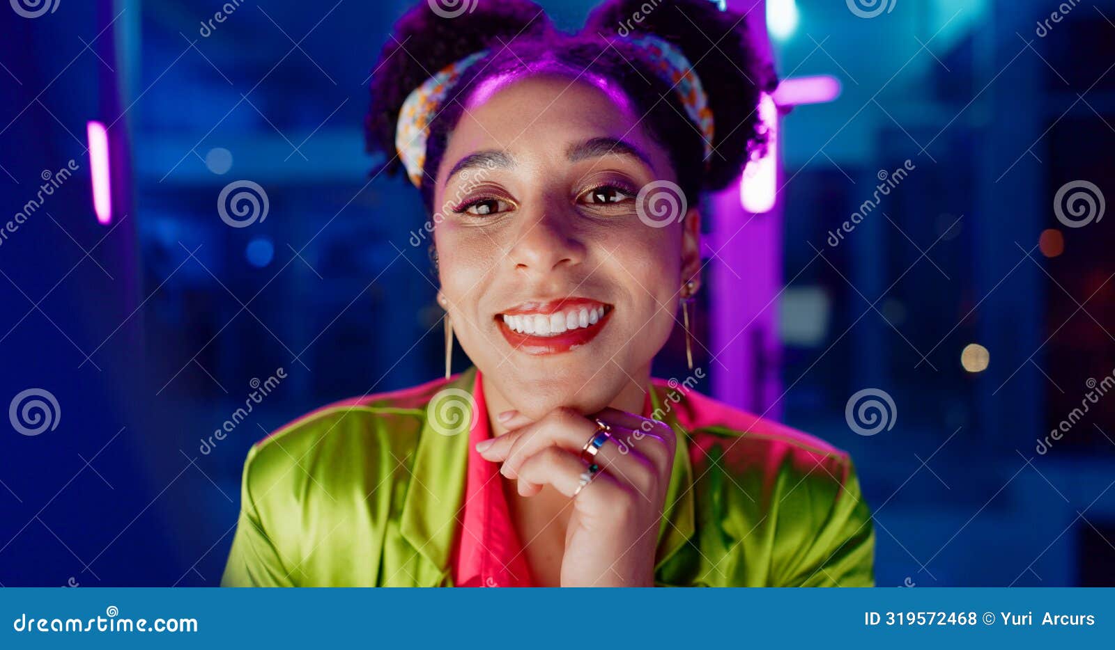 Woman, Night and Excited in Office with Neon, Tablet or Scroll for ...